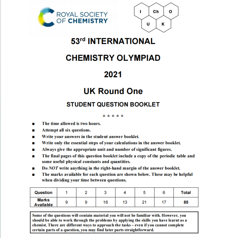 【真题在线】2021年UKChO化学竞赛Round1真题Question Paper - UK Chemistry Olympiad(UKChO）